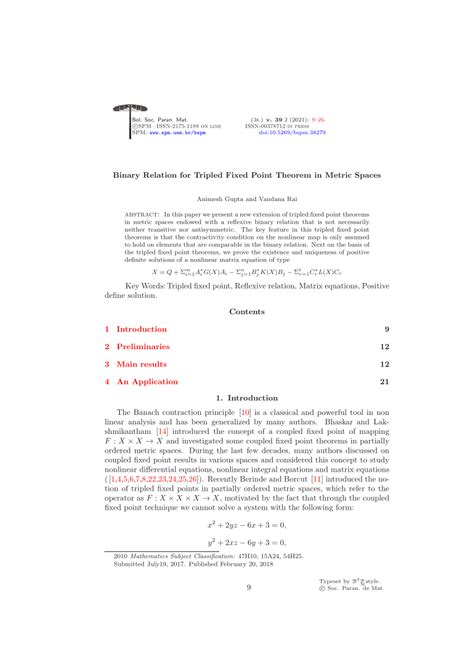 Pdf Binary Relation For Tripled Fixed Point Theorem In Metric Spaces