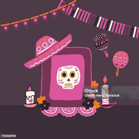 멕시코 디아 데 로스 무에르토스 제단과 설탕 두개골과 양초 정사각형 프레임 두개골 꽃 화환 깃발 멕시코 국경일 죽음의 날 축하 엽서 배너 벡터 그림입니다 11월에 대한 스톡