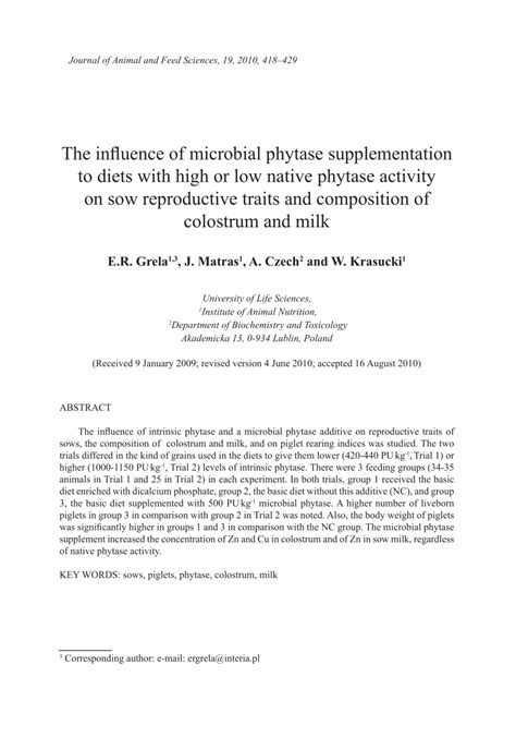 Pdf The Influence Of Microbial Phytase Supplementation To Diets With High Or Low Native