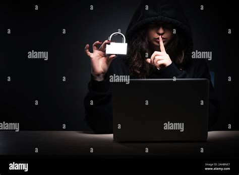 The Female Hacker Hacking Security Firewall Late In Office Stock Photo Alamy