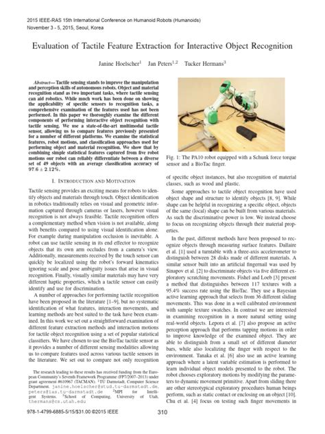 Evaluation Of Tactile Feature Extraction For Interactive Object Recognition Pdf