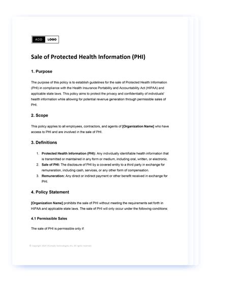 Sale Of Protected Health Information Phi Policy Template