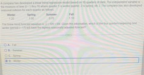 Solved A Company Has Developed A Linear Trend Regression Chegg Com