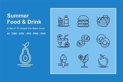 Summer Food And Drink Line Black Icon Set Graphic By Jm Graphics · Creative Fabrica