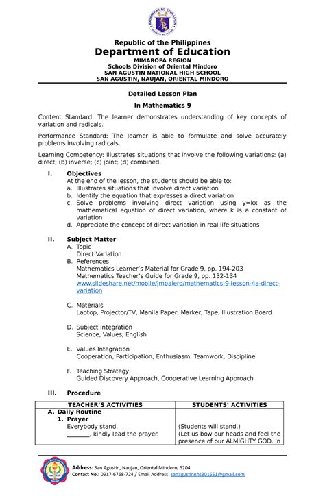 Detailed Lesson Plan Math 9 Department Of Education Mimaropa Region Schools Division Of
