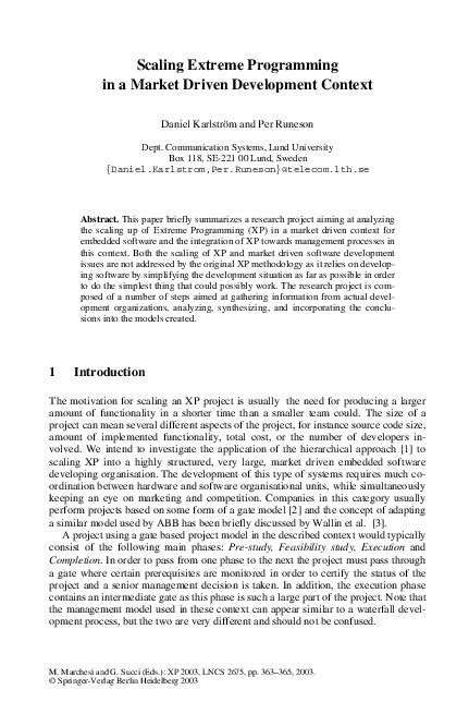 Pdf Scaling Extreme Programming In A Market Driven Development Context