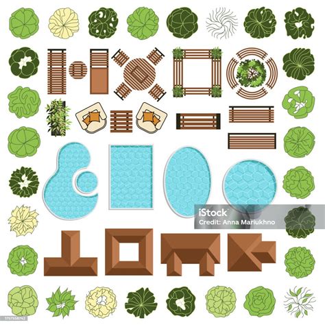 마스터 플랜을 위한 조경 요소 다양한 나무 집 수영장 덤불 및 가구 건축 계획의 평면도입니다 벡터 일러스트 레이 션입니다 개체