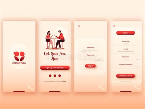Set Of Ui Ux Gui Screens Perfect Match Or Dating App Including Create Account Login Sign Up
