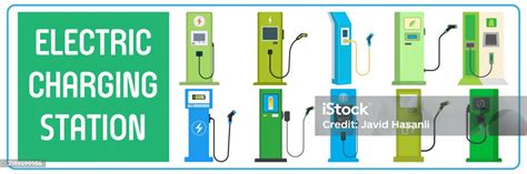 전기 자동차 충전소 아이콘 세트입니다 전기 충전소 벡터 일러스트 레이 션 그린 에너지 금융에 대한 스톡 벡터 아트 및 기타