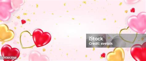 발렌타인 데이 배너 또는 파스텔 핑크 배경에 빛나는 3d 하트 하트 모양의 프레임과 색종이의 장식 요소와 카드 템플릿 사랑의 상징의 사실적인 벡터 일러스트 3차원 형태에