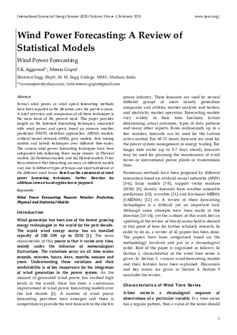 Pdf Wind Power Forecasting A Review Of Statistical Models Wind Power