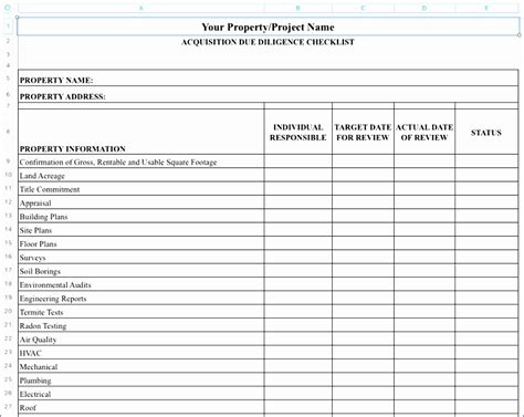 Due Diligence Checklist Template Excel