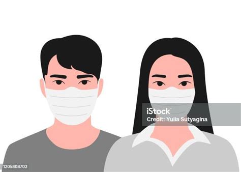 젊은 아시아 남자와 여자는 호흡 보호 마스크에 얼굴 질병 보호 독감의 위험한 경우 의료 건강 위험 벡터 일러스트레이션 감기와 독감에 대한 스톡 벡터 아트 및 기타 이미지