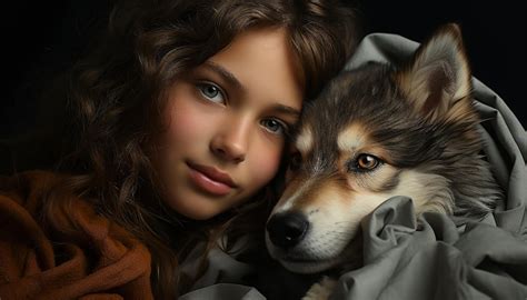 인공 지능으로 생성된 어린 소녀를 안고 카메라를 바라보며 앉아 있는 귀여운 강아지 Ai 생성 이미지