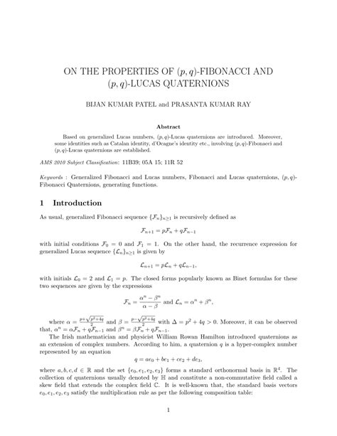 Pdf On The Properties Of P Q Fibonacci And P Q Lucas Quaternions