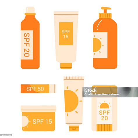 다양한 자외선 차단제 화장품 세트 로션 크림 스프레이 립스틱 자외선 차단제 제품 컬렉션 스킨 케어 수분 공급 및 자외선 차단 개념 만화 스타일의 고립 된 벡터 일러스트 레이