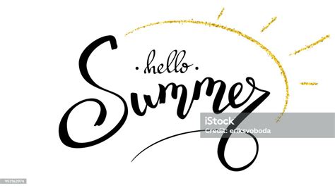 여름 금 빛나는 태양이 실루엣으로 텍스트의 글자 손 손 서 예 및 브러쉬 펜 글자를 그려 여름 휴가 여행 여행사 이벤트의 초대에 대 한 로고의 서식 파일 개념에 대한 스톡