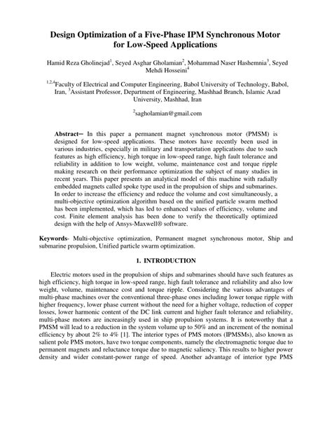 Pdf Design Optimization Of A Five Phase Ipm Synchronous Motor For Low Speed Applications