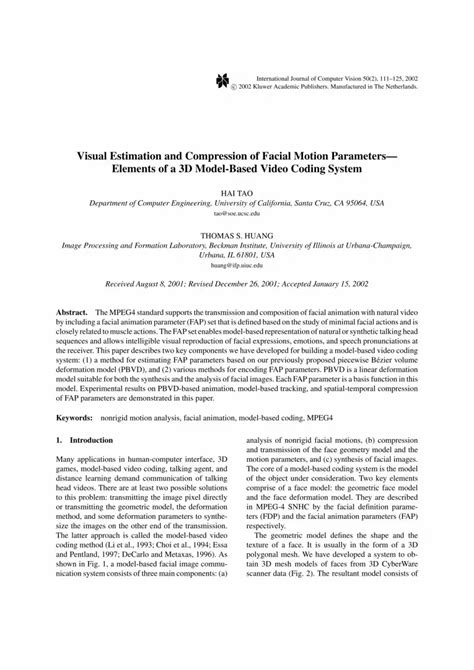Pdf Visual Estimation And Compression Of Facial Motion