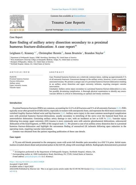 Pdf Rare Finding Of Axillary Artery Dissection Secondary To A Proximal Humerus Fracture