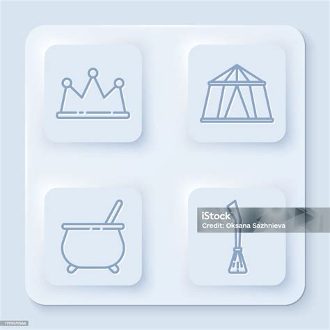 세트 라인 왕관 서커스 텐트 마녀 가마솥 및 마녀 빗자루 흰색 사각형 버튼입니다 벡터 가마솥에 대한 스톡 벡터 아트 및 기타 이미지 Istock