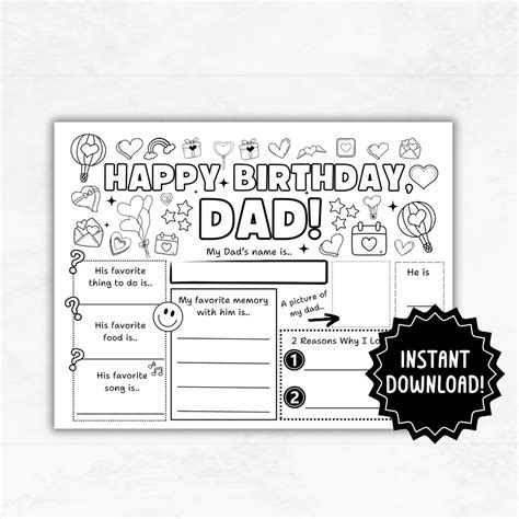Happy Birthday Dad Coloring Page Printable Happy Birthday Dad