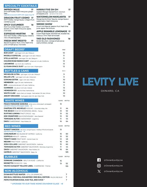 Oxnard Levity Live Food And Drink Menus