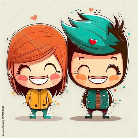 Smile Couple Stricker Cute Cartoon Love Character Vector White