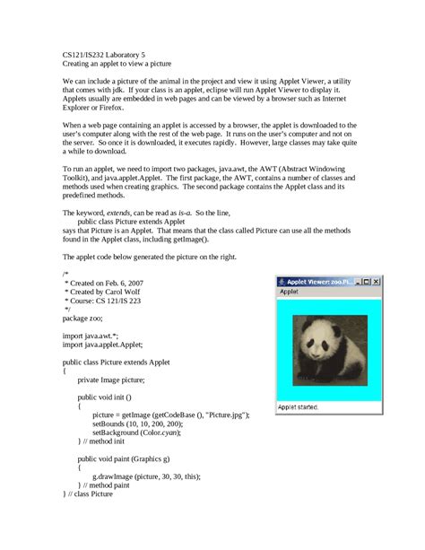 Laboratory 5 Creating An Applet To View A Picture Cs 121 Docsity