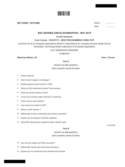 Bsc Bca 4 Sem Web Programming Using Php 19101564 May 2019 Pdf Php