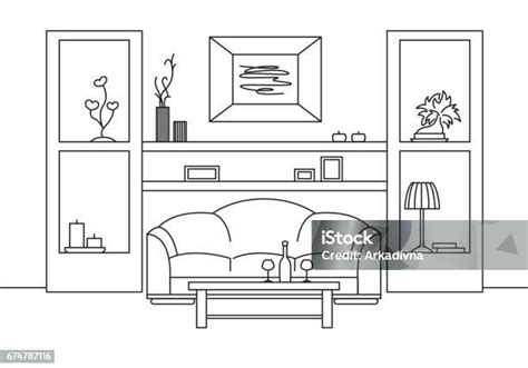인테리어의 선형 밑그림입니다 안경와 병 소파 앞 테이블 벡터 일러스트 레이 션 3차원 형태에 대한 스톡 벡터 아트 및 기타