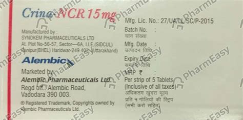 Crina Ncr 15 Mg Tablet 5 Uses Side Effects Price And Dosage Pharmeasy