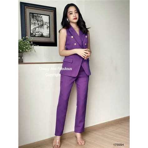 Garden Clothes ชุดเซ็ท Set 2 ชิ้น เสื้อสูทแขนกุด กางเกงขายาว สีม่วง Garden Clothes Thaipick