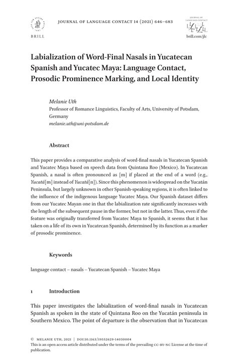 Pdf Labialization Of Word Final Nasals In Yucatecan Spanish And Yucatec Maya Language Contact