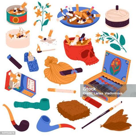 담배 흡연을 주제로 설정합니다 다양한 종류의 넘쳐나는 재떨이 나쁜 습관 건강에 해로운 생활 방식 흡연자의 액세서리 흰색 배경에