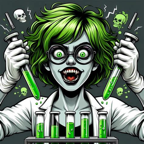 Illustration Of A Mad Scientist With Green Hair And Eyes Holds Test