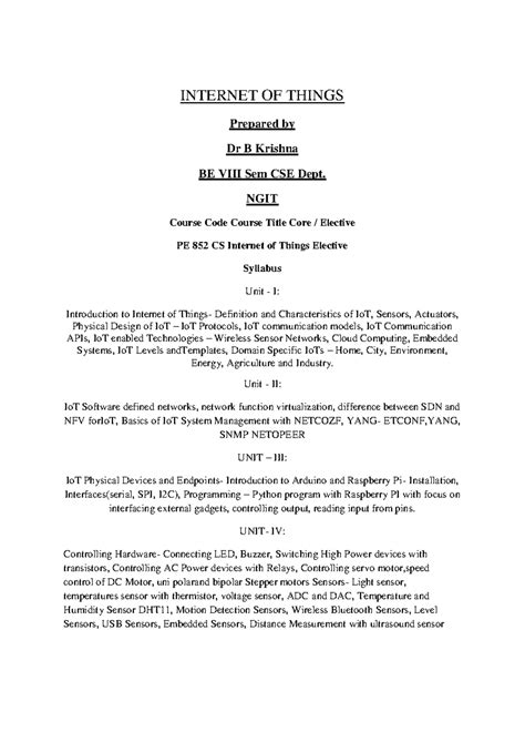 Iot Notes Yuybb Internet Of Things Prepared By Dr B Krishna Be Viii Sem Cse Dept Ngit