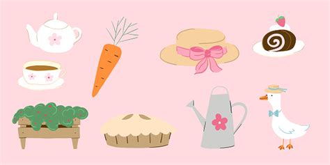 귀여운 코티지 코어 일러스트 세트입니다 꽃 거위 모자 차 파이 정원 가꾸기와 시골 생활 방식 봄과 여름 마을 0명에 대한 스톡 벡터 아트 및 기타 이미지 Istock