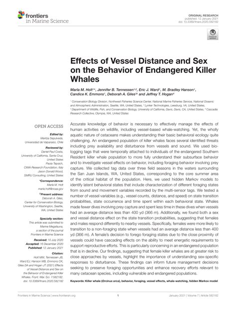 Pdf Effects Of Vessel Distance And Sex On The Behavior Of Endangered