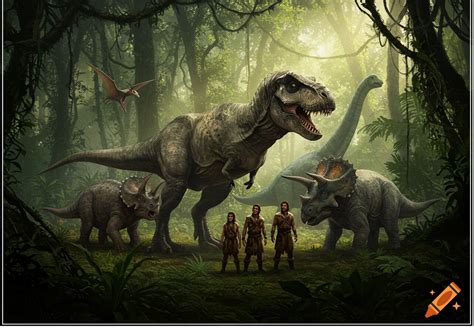 Prehistoric Humans Stand Among A T Rex Triceratops And Other