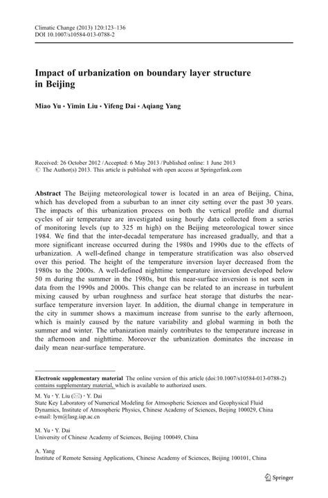 Pdf Impact Of Urbanization On Boundary Layer Structure In Beijing