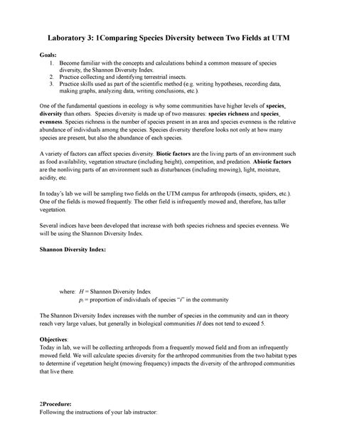 03 BIOL 120 Lab Manual Insect Diversity Laboratory 3 1 Comparing Species Diversity Between