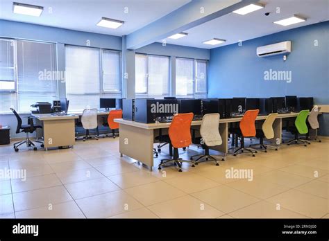 Empty Computer Lab In A University Computer Lab Room Room With A Lot Of Computers Desks
