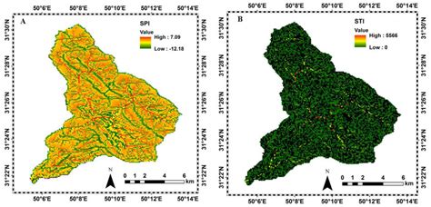 The Maps Of Spi Stream Power Index A And Sti Sediment