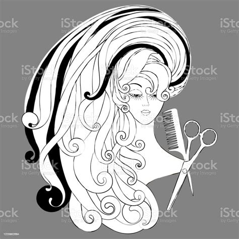 선형 패턴입니다 가위 빗 머리의 곱슬 머리를 가진 소녀 벡터 가위에 대한 스톡 벡터 아트 및 기타 이미지 가위 개념 검은색 Istock