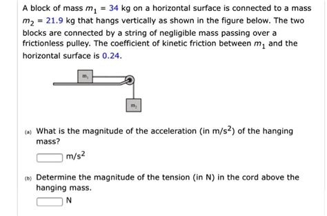 A Block Of Mass M1 34 Kg On A Horizontal Surface Is Connected To Mass M2 219 Kg That Hangs