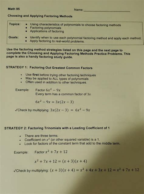 Solved Math 95 Name Choosing And Applying Factoring Methods