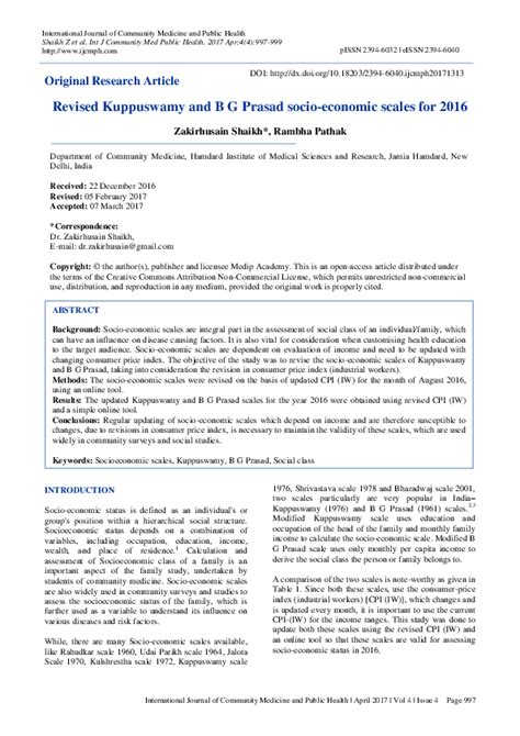 Pdf Revised Kuppuswamy And B G Prasad Socio Economic Scales For 2016