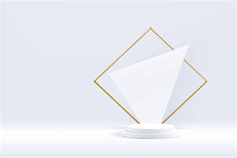 둥근 플랫폼과 기하학적 삼각형 블록이 있는 제품 전시를 위한 3d 흰색 연단 무대 배경에 사각형 얇은 황금 프레임 블록에 대한
