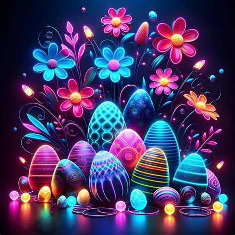 Premium Photo Neon Glow Easter Eggs And Flowers On Dark Background